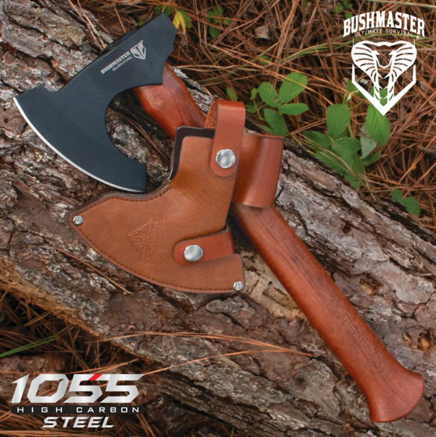 BUSHMASTER WOODSMAN AXE WITH SHEATH - 1055 HIGH CARBON STEEL AXE HEAD ...