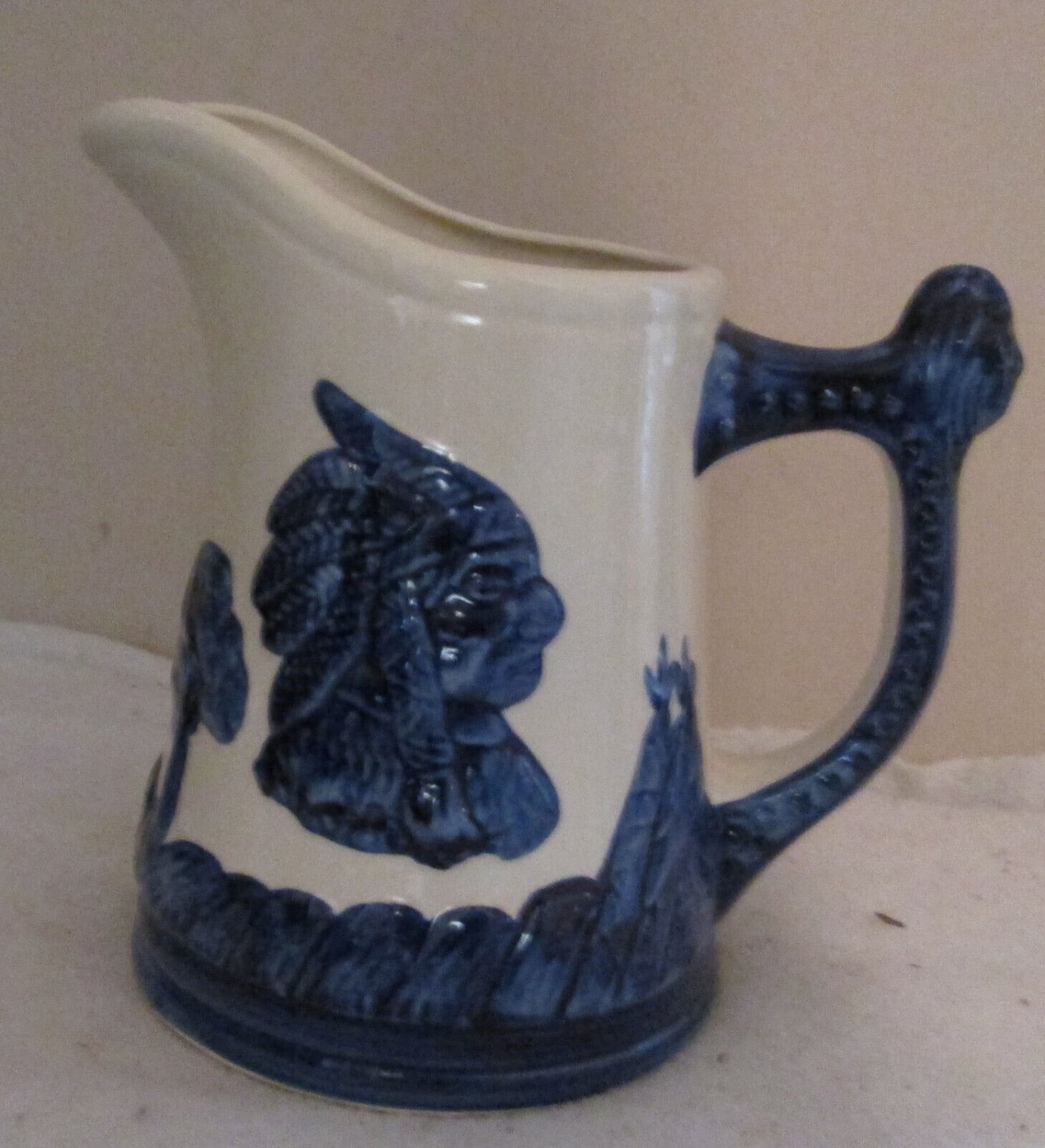 Sleepy Eye Pitcher Creamer Indian Teepee Stoneware Cobalt Blue WITH ...