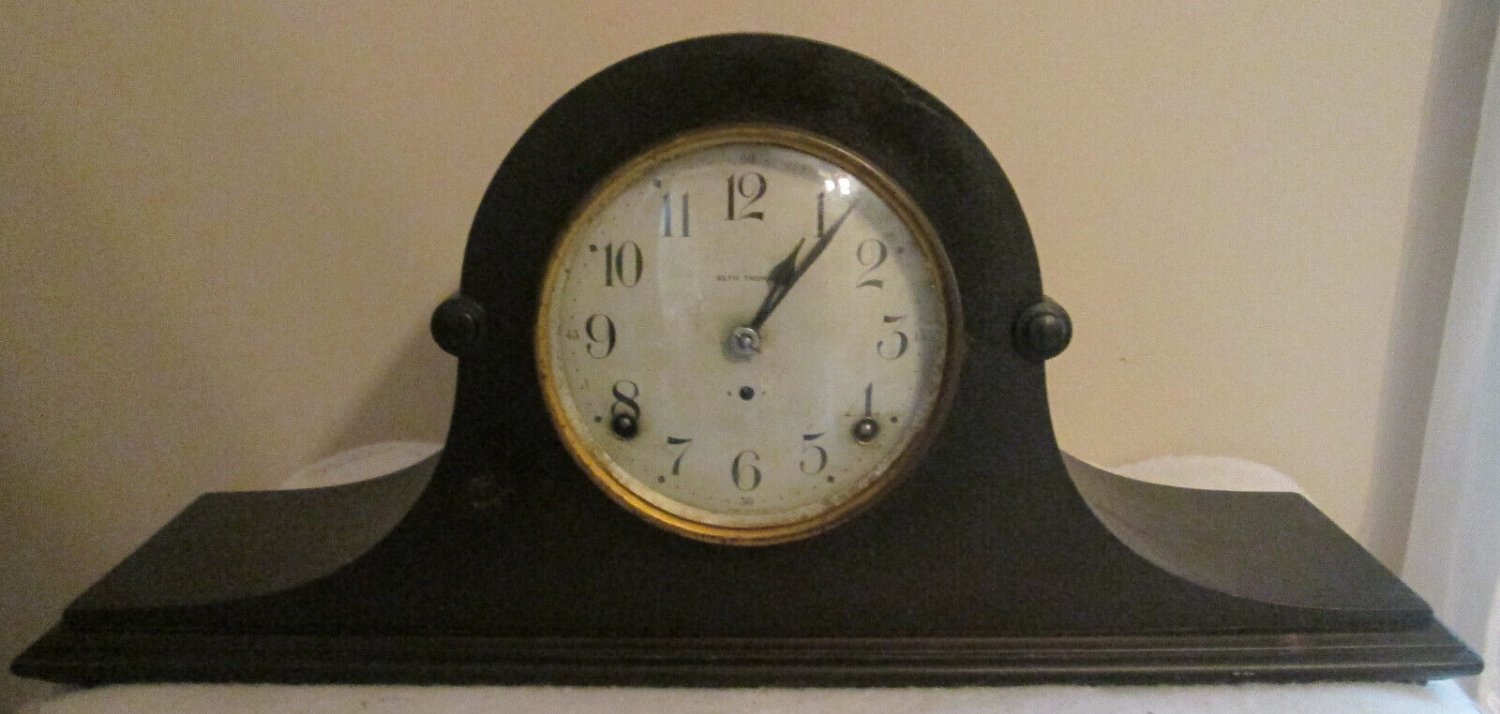New Haven Clock Co Antique Tambour Mahogany Mantle Clock 8 Day