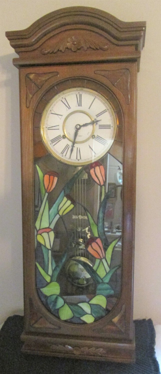 Vintage 70's 37" Pendulum Clock Chime Wood Tiffany Style Stained Glass Front Key