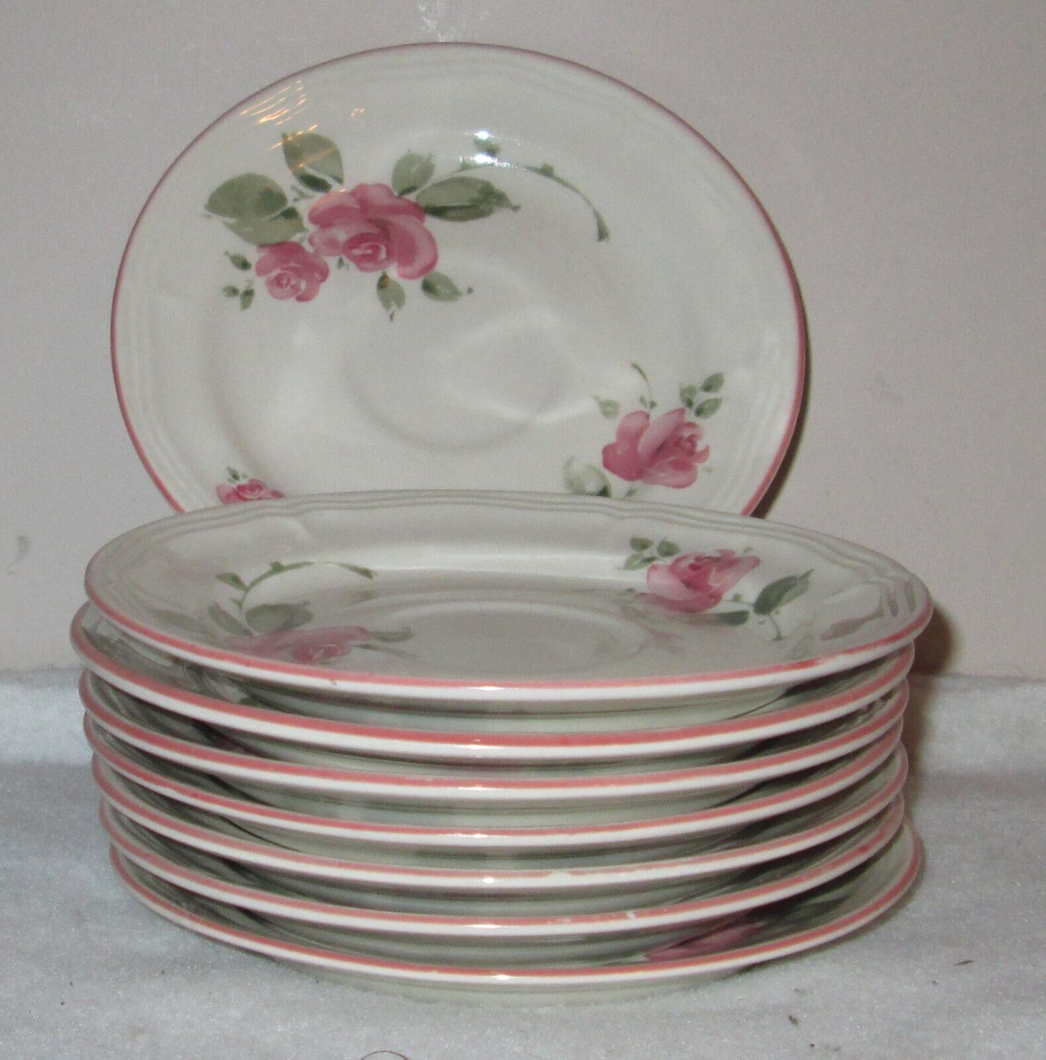 Set of 8 Gibson Housewares China Saucer Plate Pink Roses & Trim