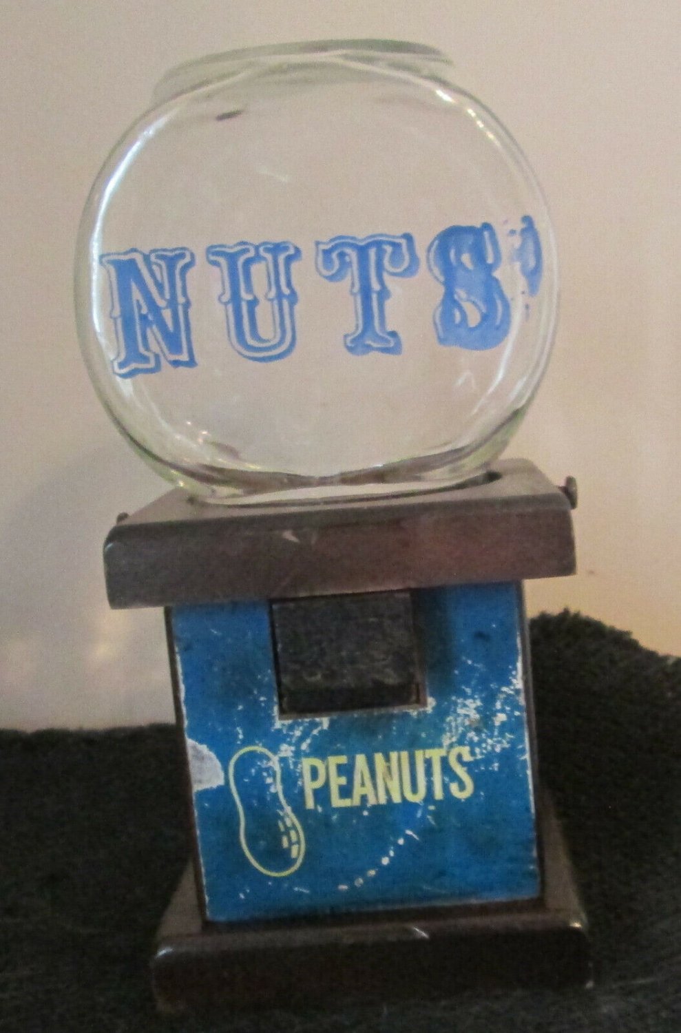 Vintage Nuts Dispenser Wood with Glass Jar 8.25" High Peanut label on front