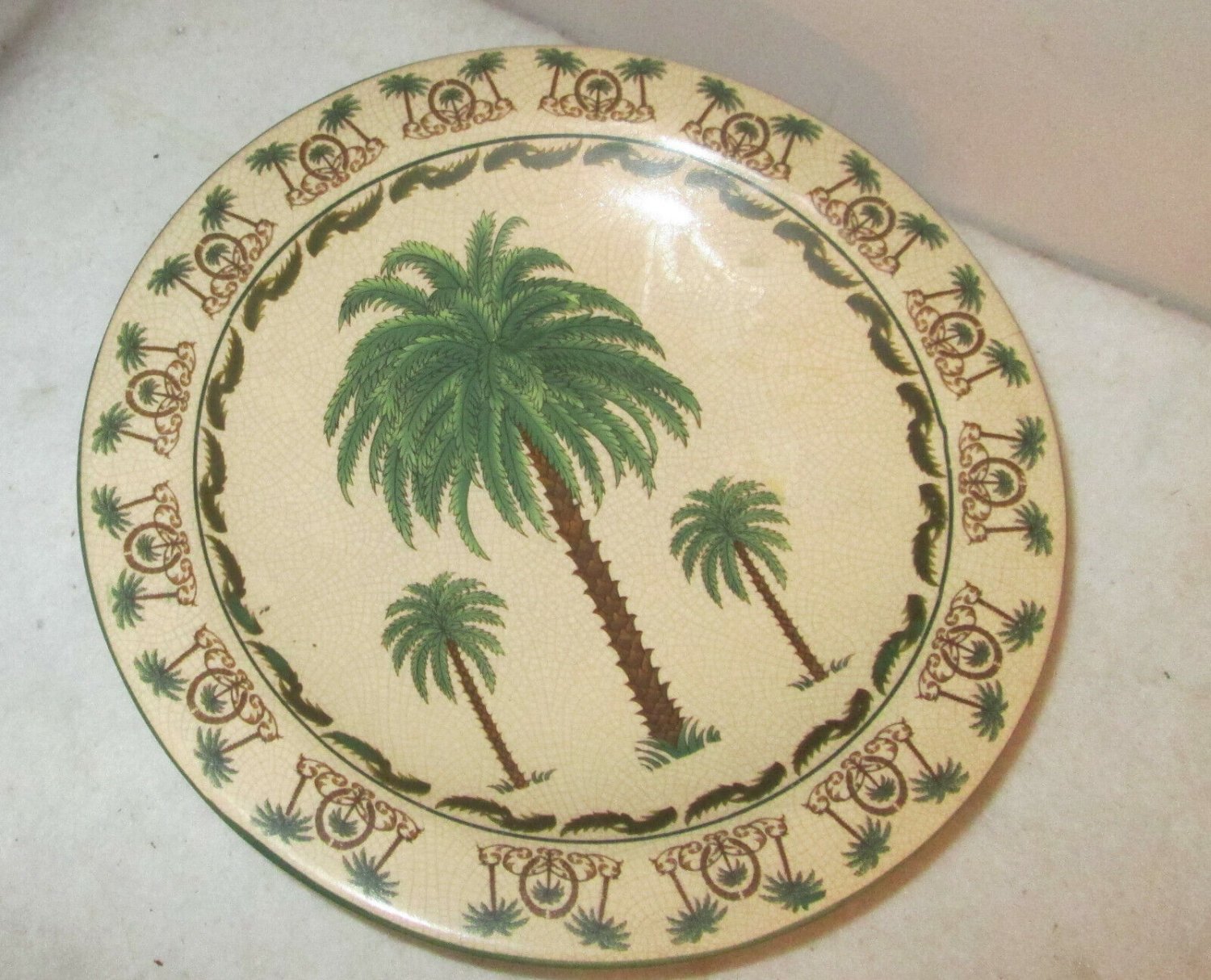 VINTAGE ANTIQUE PALM TREE DESIGN PIE CAKE PLATE FOOTED 4.25" X 10.25"