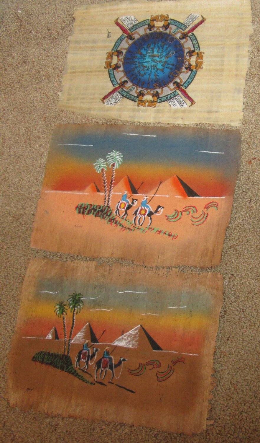 3) THREE HAND PAINTED PAPYRUS PAINTINGS BY MOHAMEND KHEDR