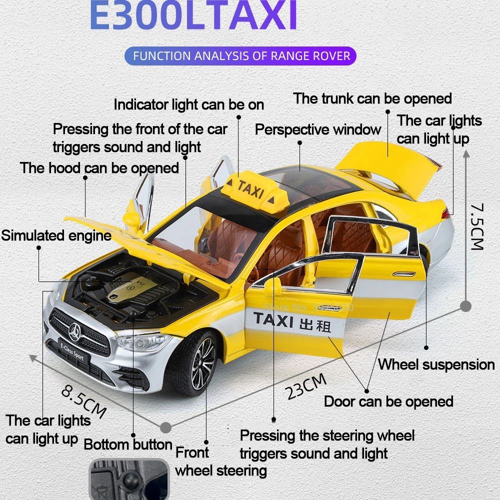 1:24 Scale E300L Taxi yellow Simulation Car Model Vehicles Alloy Sound ...