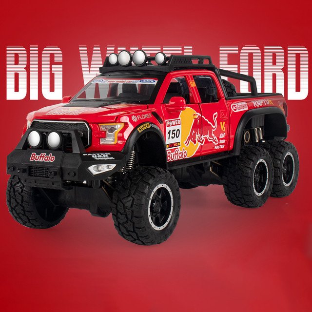 1:28 Ford Raptor F150 Big Wheel red Car Alloy With Sound Light Pull ...