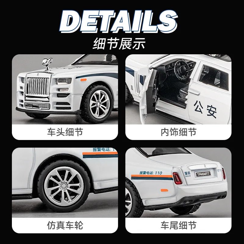 1:36 Scale Rolls Royce Phantom Police white Car Alloy Diecast Pull Back Toy