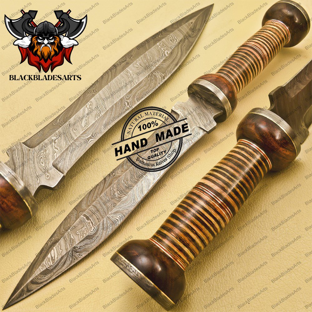 Damascus Dagger Knife Custom Handmade Damascus Steel Hunting Knife with Mictra & Rose Wood Handle