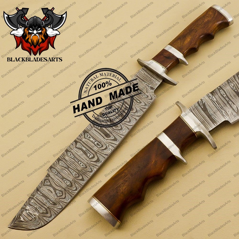 Damascus Machete Knife Custom Handmade Damascus Steel Fixed Blade Hunting Knife + Rose Wood Handle