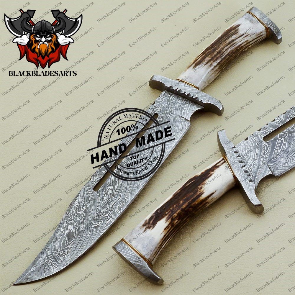 Damascus Rambo Bowie Knife Custom Handmade Damascus Steel Fixed Blade Knife With Stag Handle Sheath