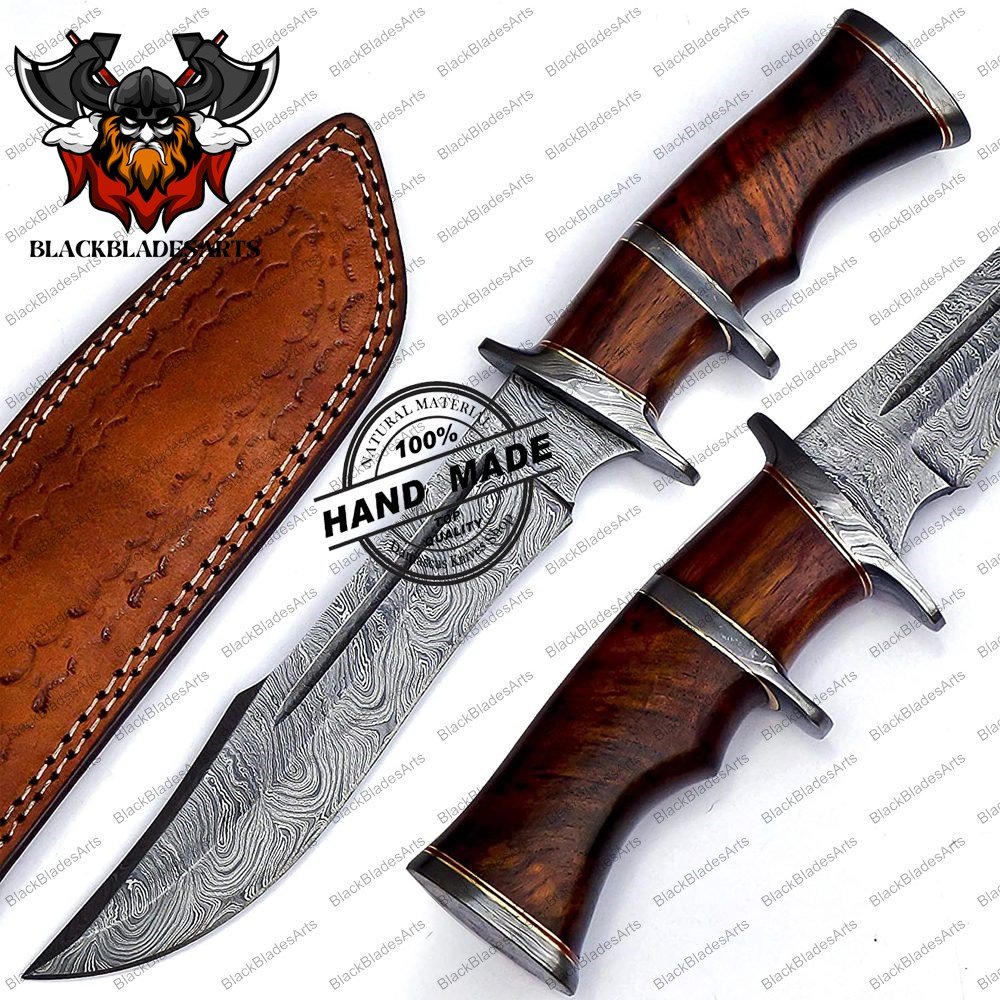 Damascus Camping Knife Fixed Blade Handmade Damascus Steel Knife With Rose Wood Handle Sheath