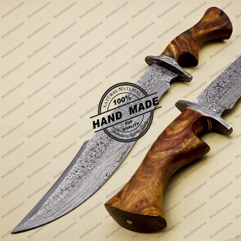New Damascus Bowie Knife Custom Handmade Damascus Steel Hunting Damascus Bowie Knife With Rose Wood