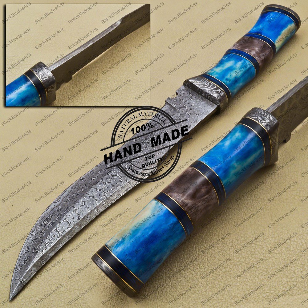 Damascus Bowie Knife Custom Handmade Damascus Steel Hunting Knife With Colored Bone Handle Sheaths