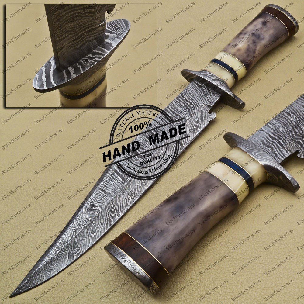 Damascus Bowie Knife Clip Point Blade Custom Handmade Knife With Colored Bone Handle Sheaths