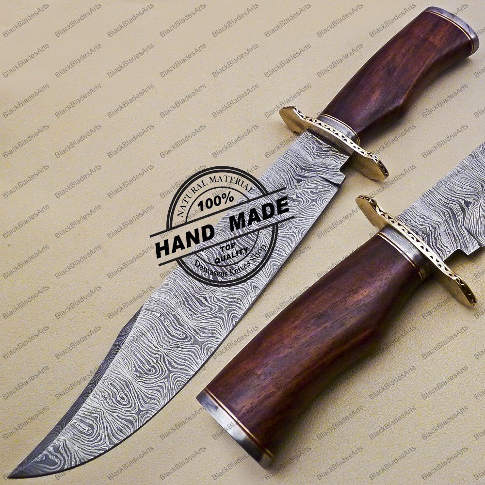 Damascus Bowie Knife Custom Handmade Damascus Steel Hunting Damascus Bowie Knife + Rose Wood Handle
