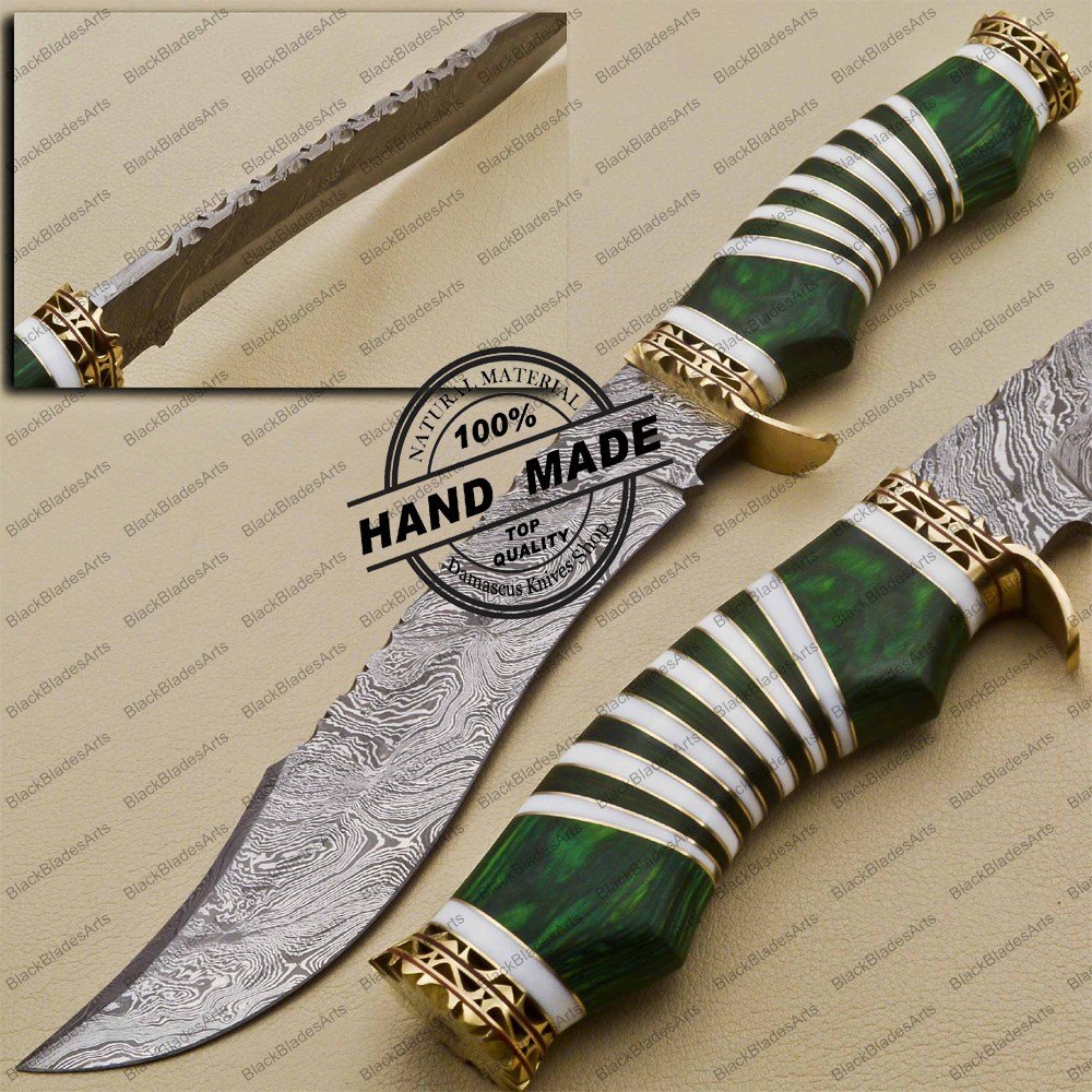 Damascus Bowie Knife Fixed Blade Custom Handmade Damascus Steel Knife With Cow Handle Sheaths