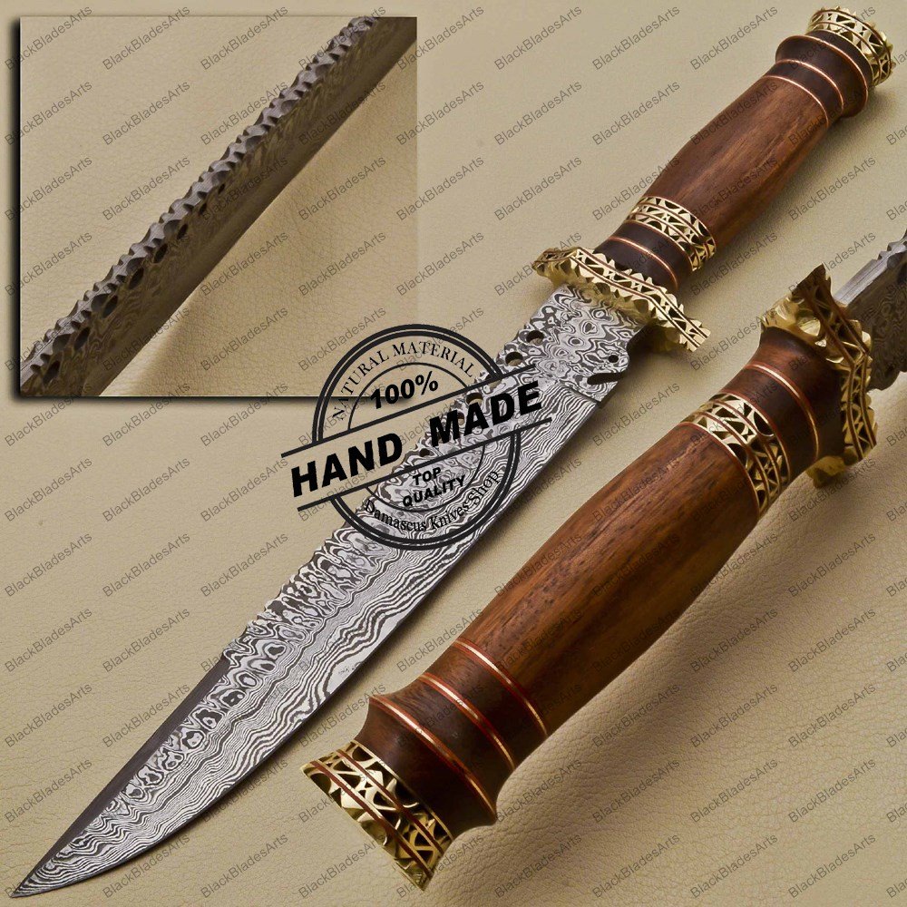 Fancy Damascus Bowie Knife Custom Handmade Damascus Steel Hunting Knife + Rose Wood Handle Sheaths