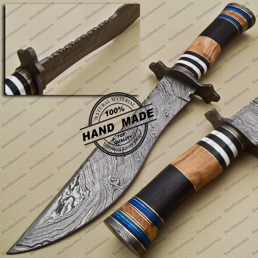 Damascus Bowie Knife Fixed Blade Custom Handmade Damascus Steel Knife With Cow Handle Sheaths