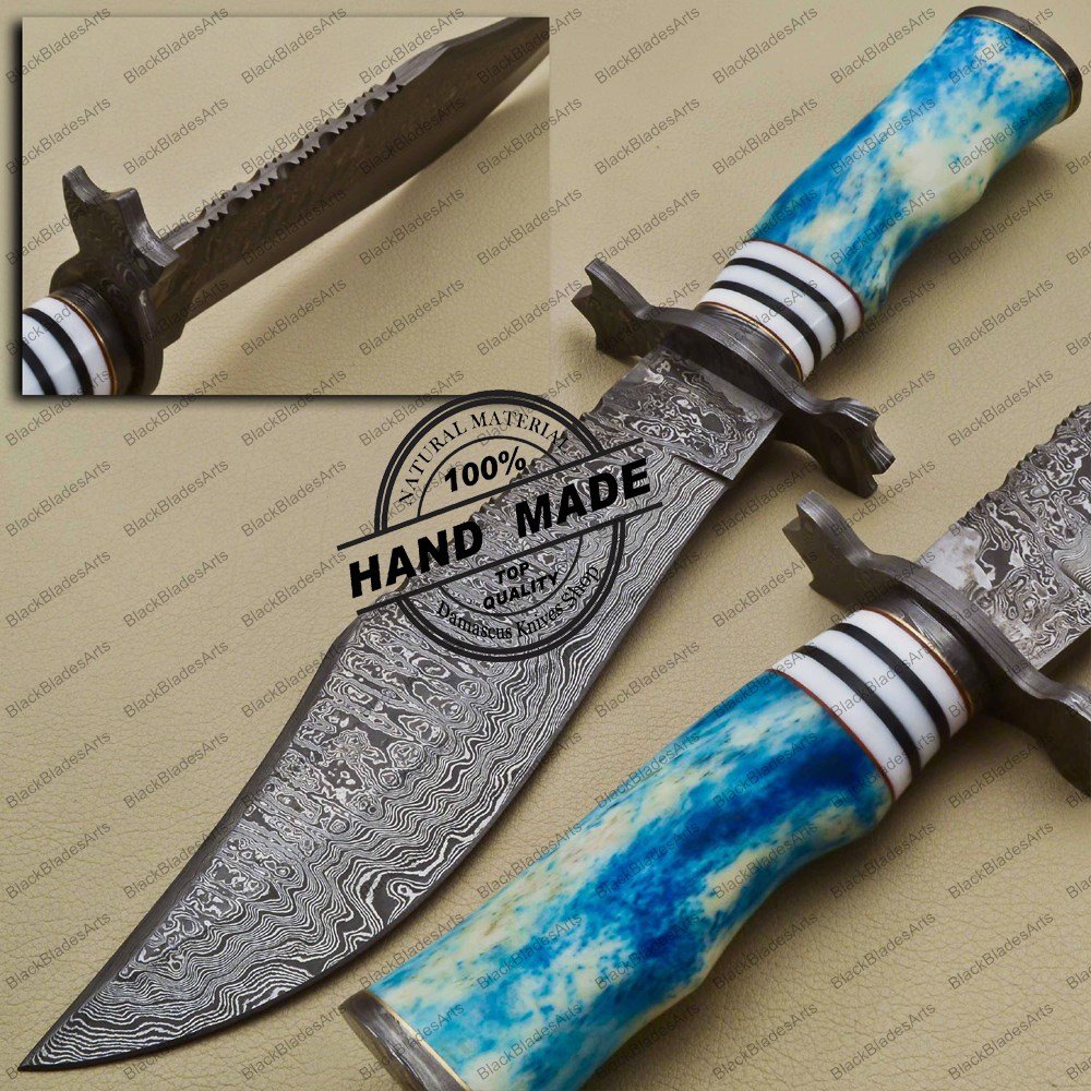 Damascus Bowie Knife Fixed Blade Custom Handmade Damascus Steel Knife With Cow Handle Sheaths