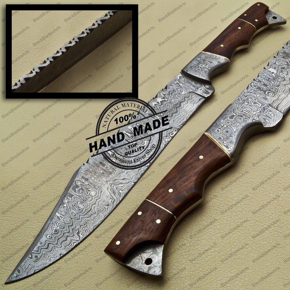 Damascus Bowie Knife Fixed Blade Custom Handmade Damascus Steel Knife With Cow Handle Sheaths