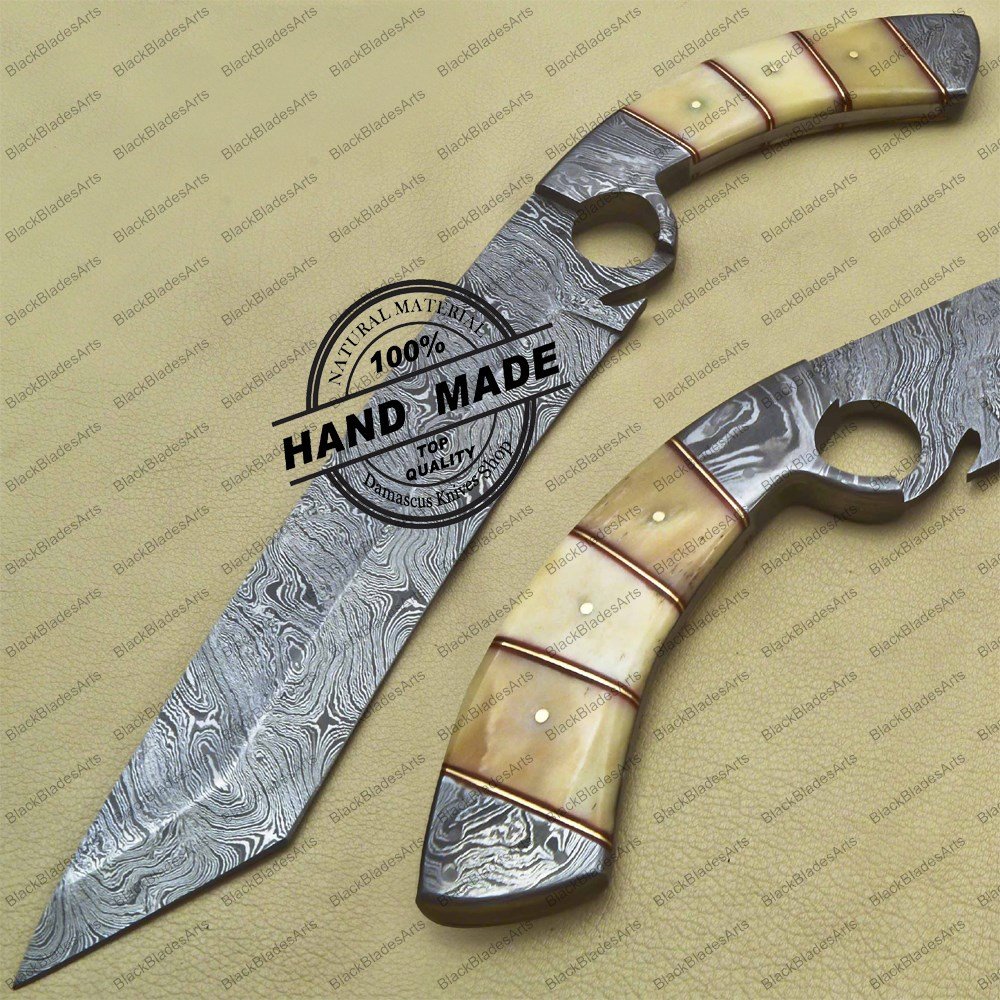 Damascus Bowie Finger Knife Custom Handmade Damascus Steel Hunting ...
