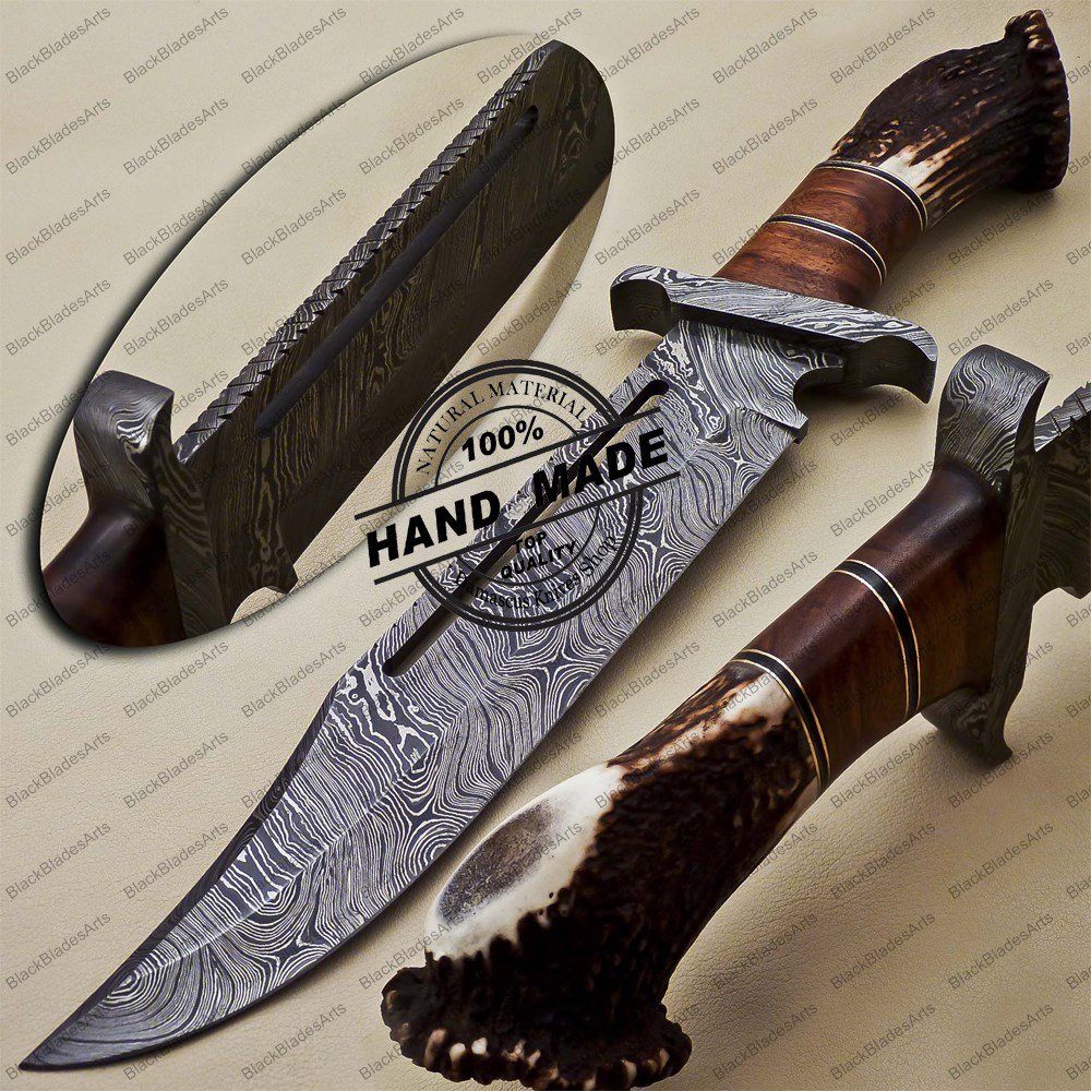 Professional Rambo Damascus Bowie Knife Custom Handmade Damascus Steel Hunting Knife + Stag Handle