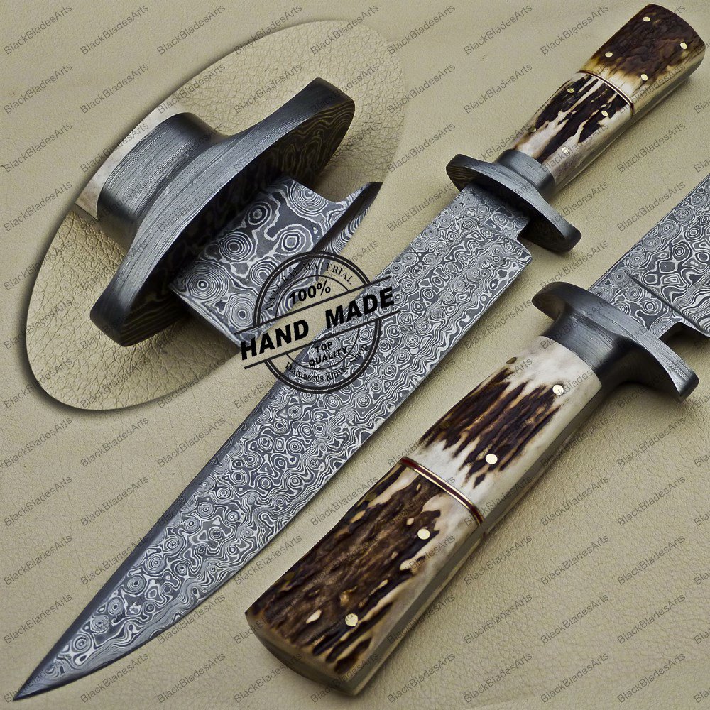 Professional Damascus Bowie Knife Custom Handmade Damascus Steel Hunting Bowie Knife Stag Handle