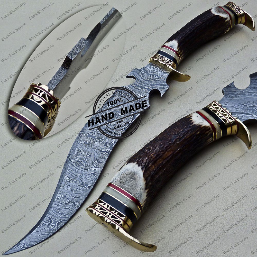 New Damascus Bowie Knife Custom Handmade Damascus Steel Hunting Damascus Bowie Knife + Stag Handle