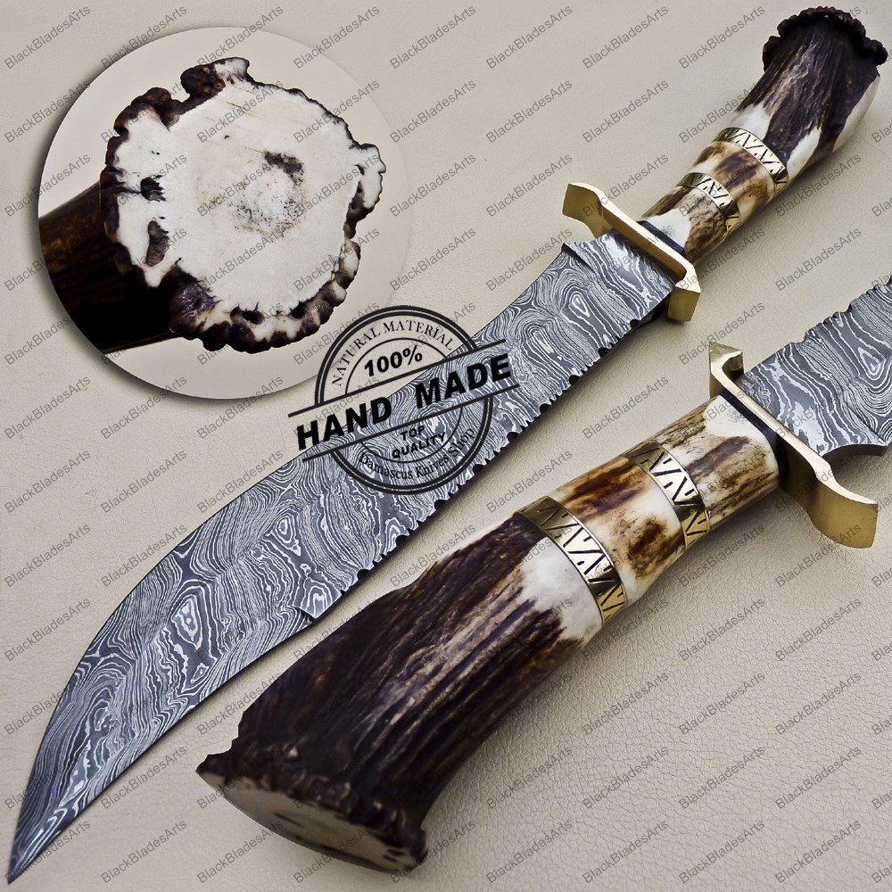 Damascus Bowie Knife Custom Handmade Damascus Steel Hunting Damascus Bowie Knife + Stag Handle