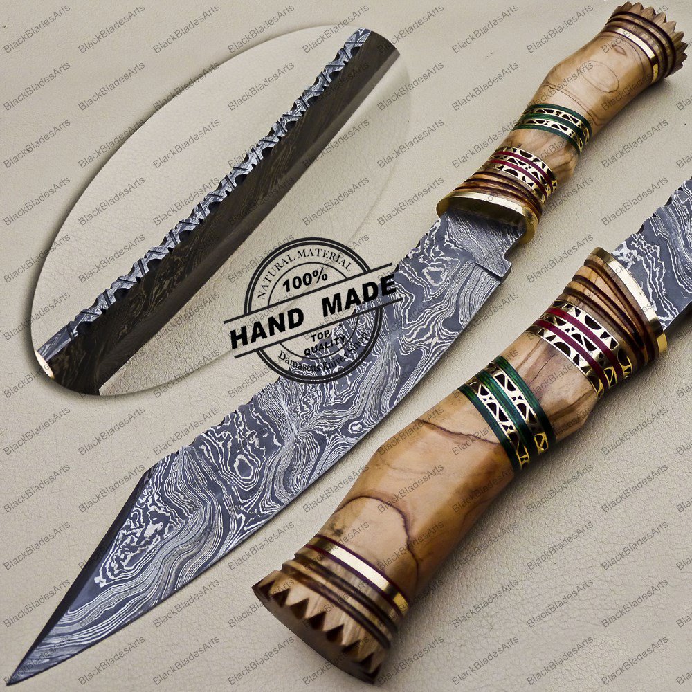 Fancy Damascus Bowie Knife Custom Handmade Damascus Steel Hunting Damascus Bowie Knife Cow Wood