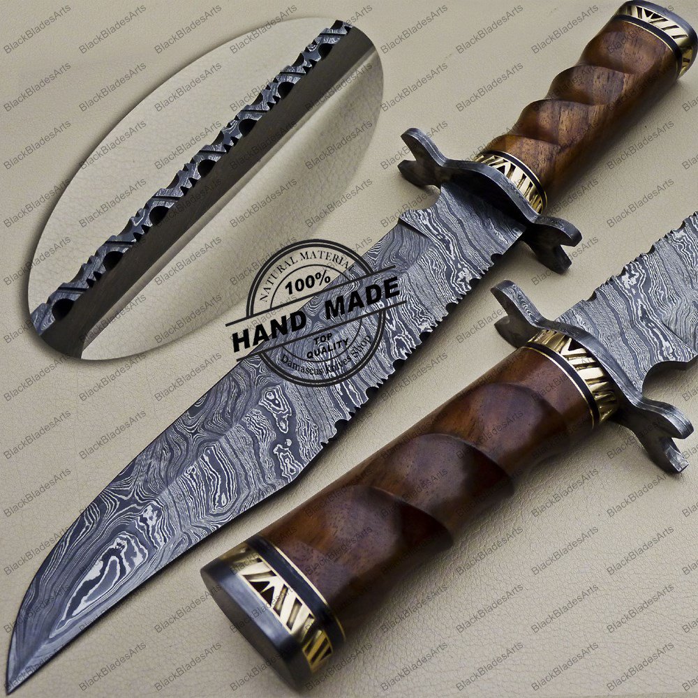 Damascus Bowie Knife Custom Handmade Damascus Steel Hunting Damascus Bowie Knife + Rose Wood Handle