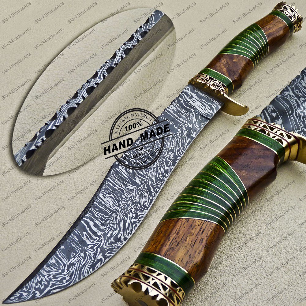 Fancy Damascus Bowie Knife Custom Handmade Damascus Steel Hunting Damascus Bowie Knife + Rose Wood