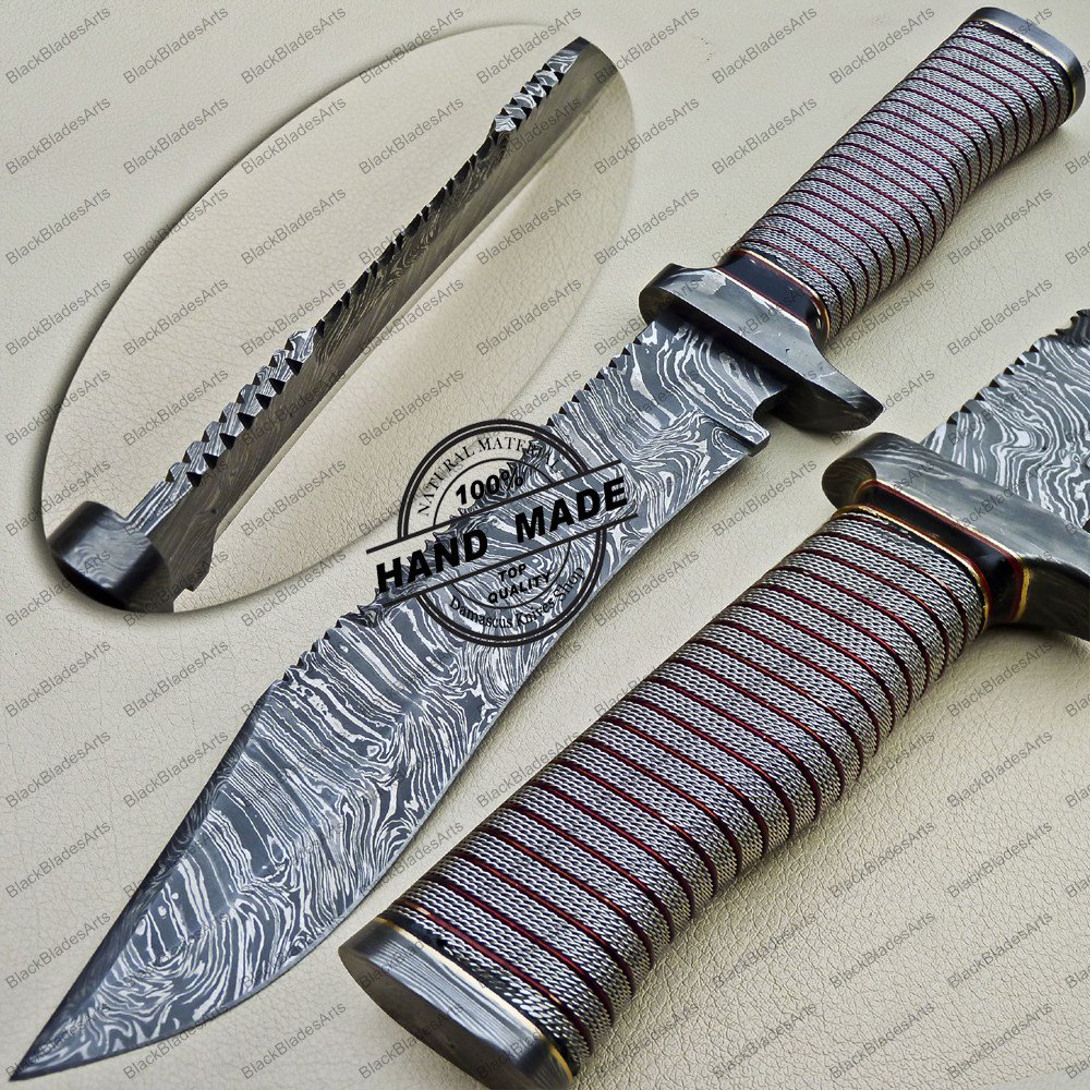 Damascus Bowie Knife Custom Handmade Damascus Steel Hunting Damascus Bowie Knife Wire Handle Sheaths