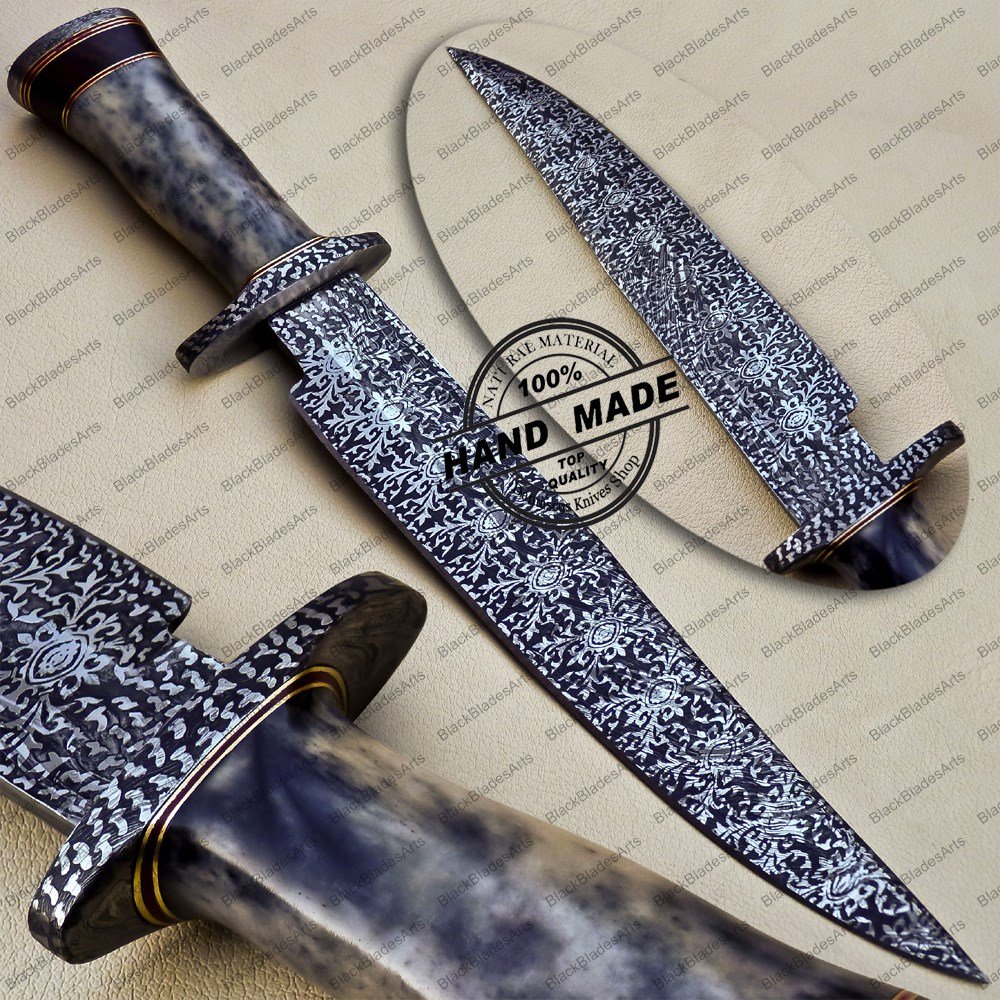 Damascus Bowie Knife Custom Handmade Damascus Steel Hunting Damascus Bowie Knife Colored Bone Handle