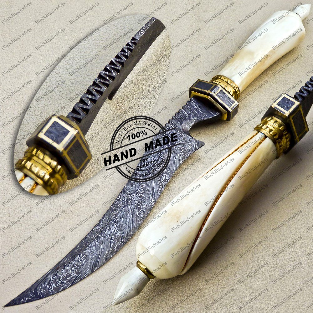 New Damascus Bowie Knife Custom Handmade Damascus Steel Hunting Knife With Fancy Bone Handle