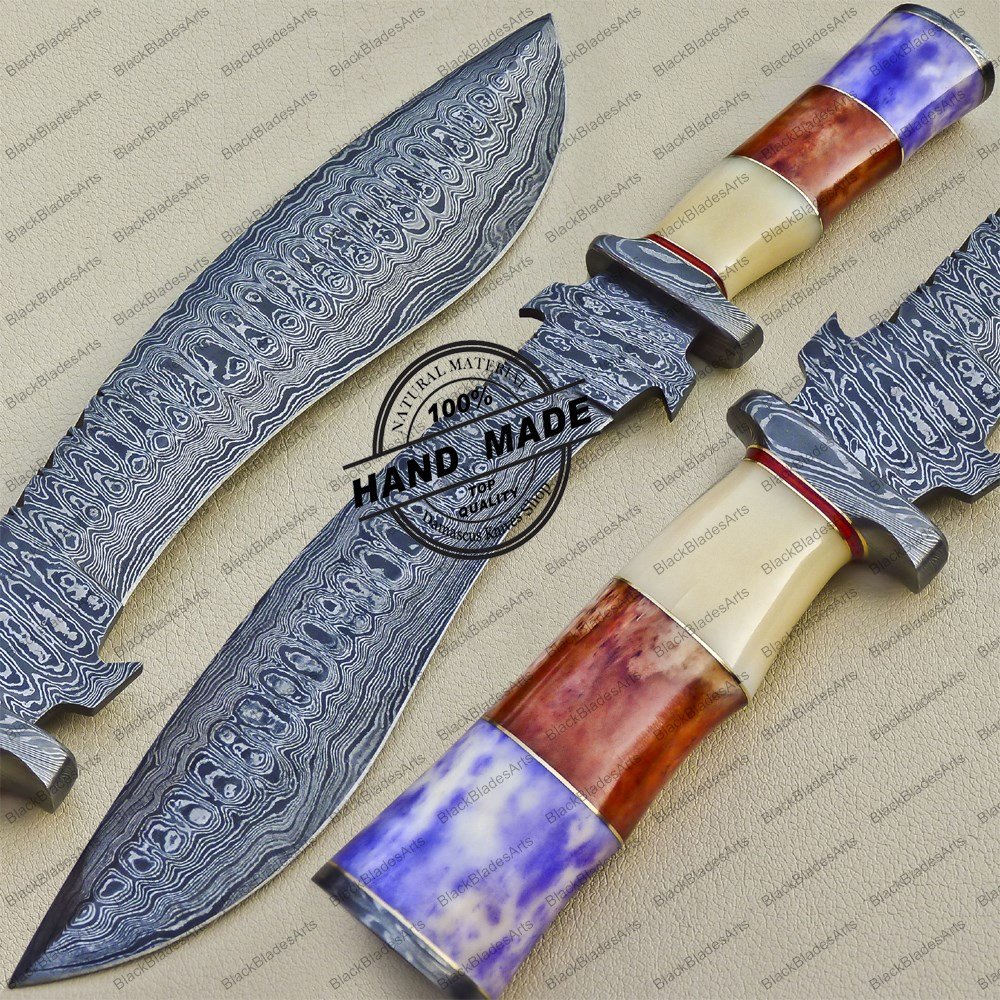 Damascus Bowie Knife Custom Handmade Damascus Steel Hunting Knife With Colored Bone Handle