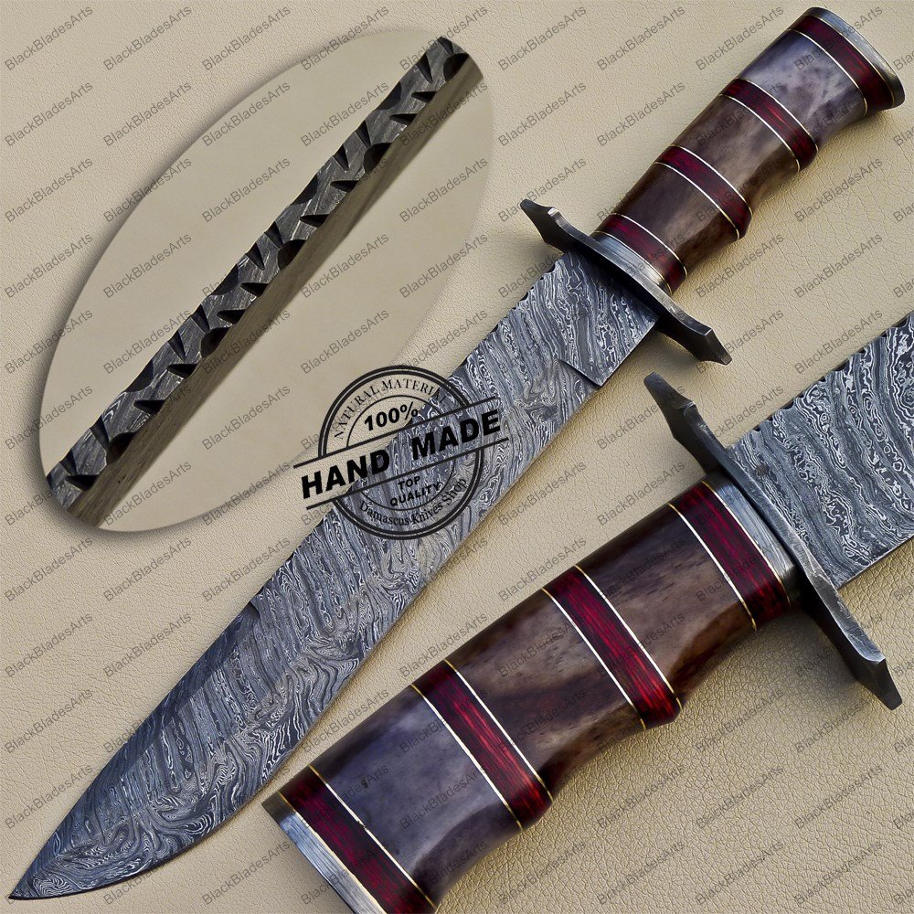 Damascus Bowie Knife Custom Handmade Damascus Steel Hunting Knife With Bone Handle
