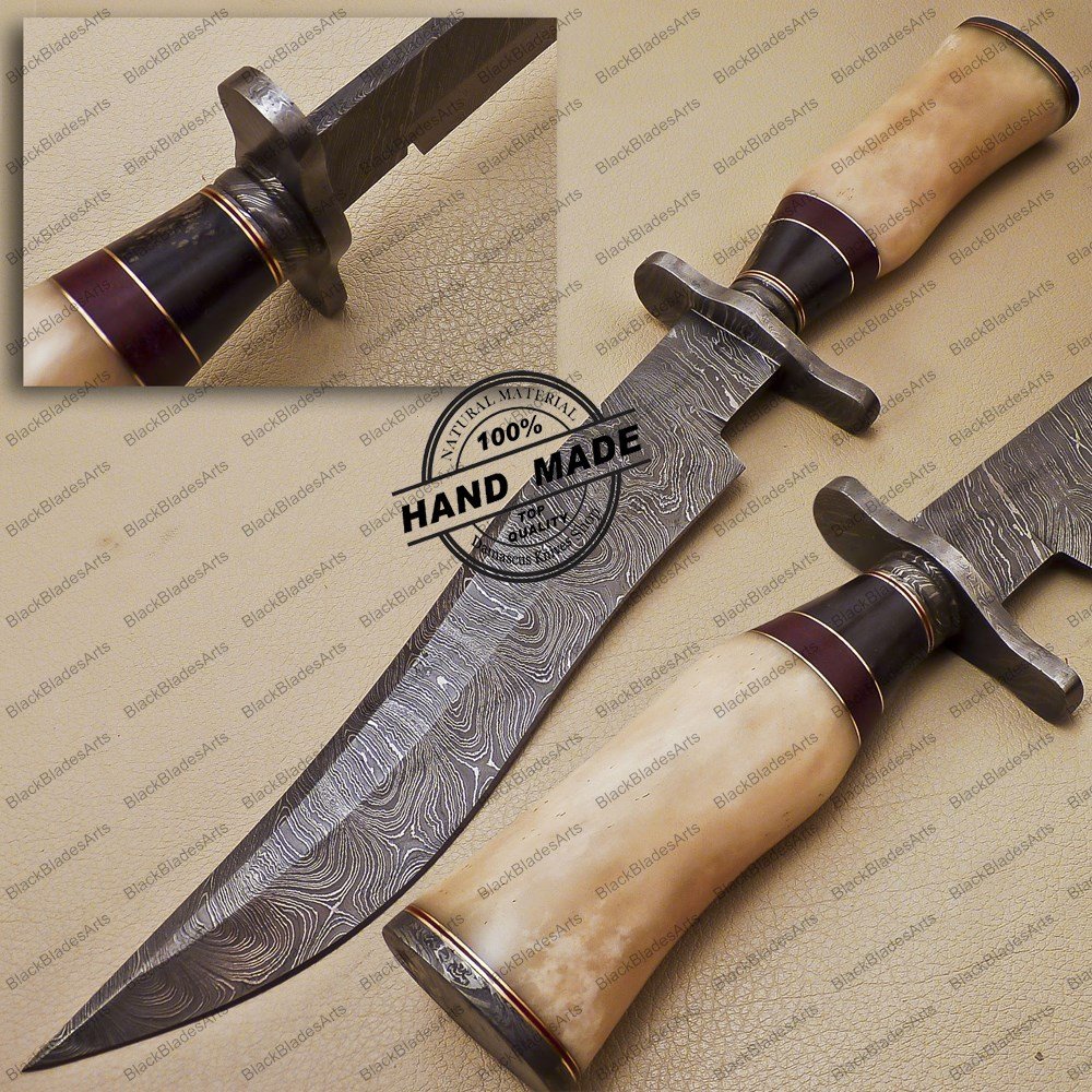 Damascus Bowie Knife Custom Handmade Damascus Steel Hunting Knife With Bone Handle