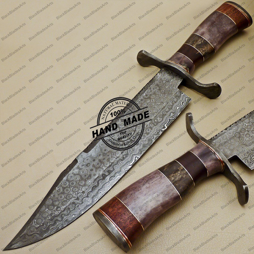 Damascus Bowie Knife Custom Handmade Damascus Steel Hunting Bowie Knife With Colored Bone Handle