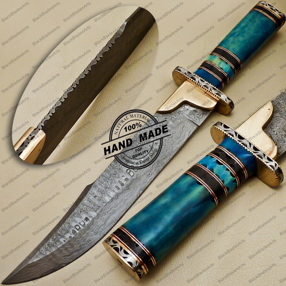 Custom Handmade Damascus Steel Hunting Damascus Bowie Knife With Colored Bone Handle 961