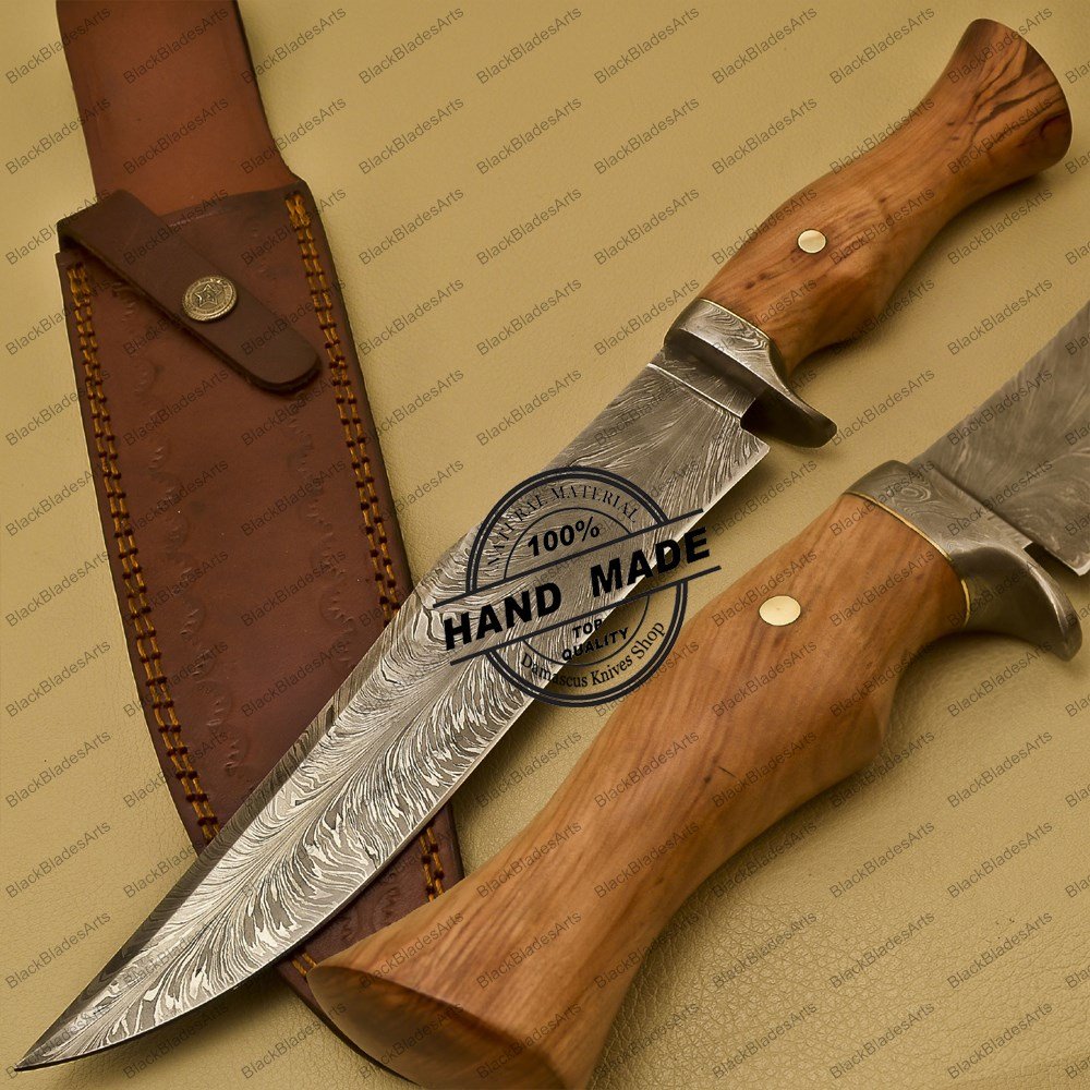 Damascus Bowie Knife Custom Handmade Damascus Steel Hunting Knife + Cow ...