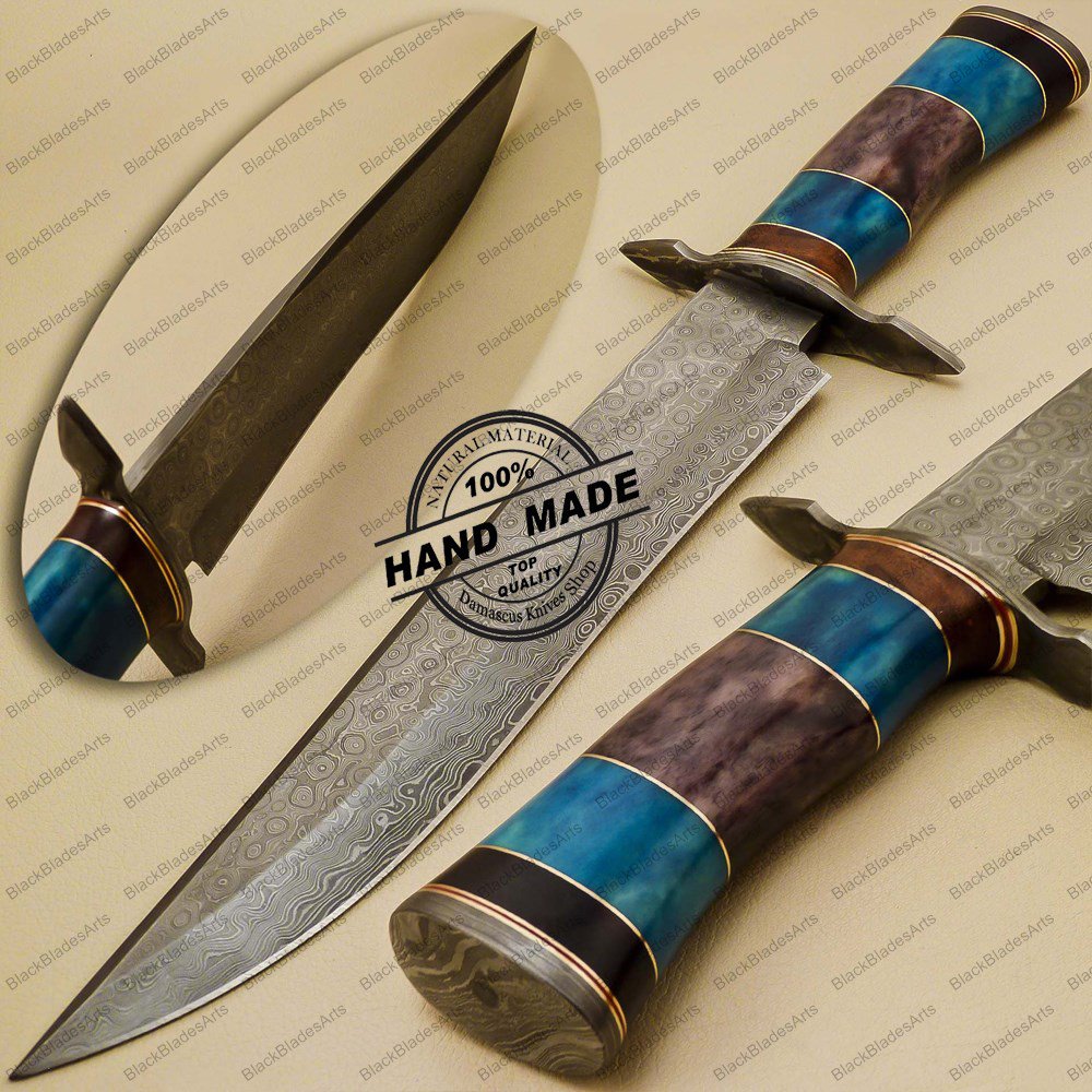 Damascus Bowie Knife Custom Handmade Damascus Steel Hunting Knife Colored Camel Bone Handle Sheaths