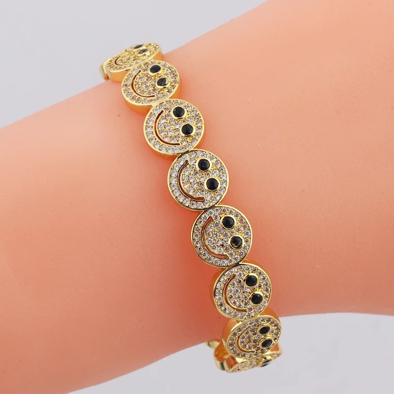 black_2023 New Simple Smile Smiley Bracelet Copper Gold Plated Cubic ...