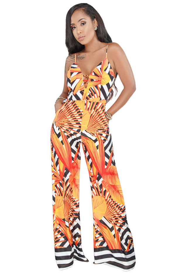 One Piece Sexy Sling Printing Wide-leg Jumpsuit Rompers