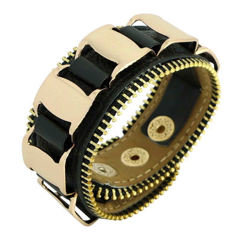 Punk Style Gold Chain Snap Button Leather Bracelets