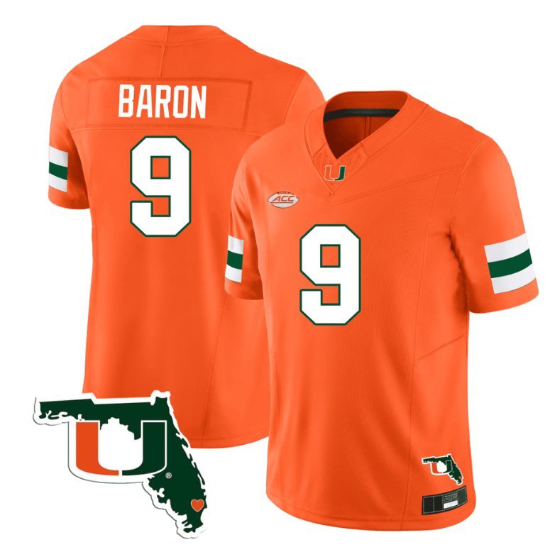 Tyler Baron Jersey #9 Miami Hurricanes Florida Map College Football ...