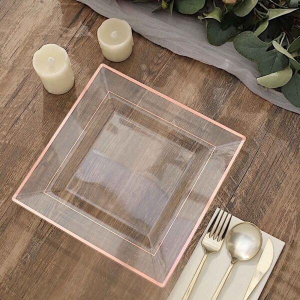 10 Plastic Clear 10"" Square Plates With Rose Gold Rim Disposable Party ...