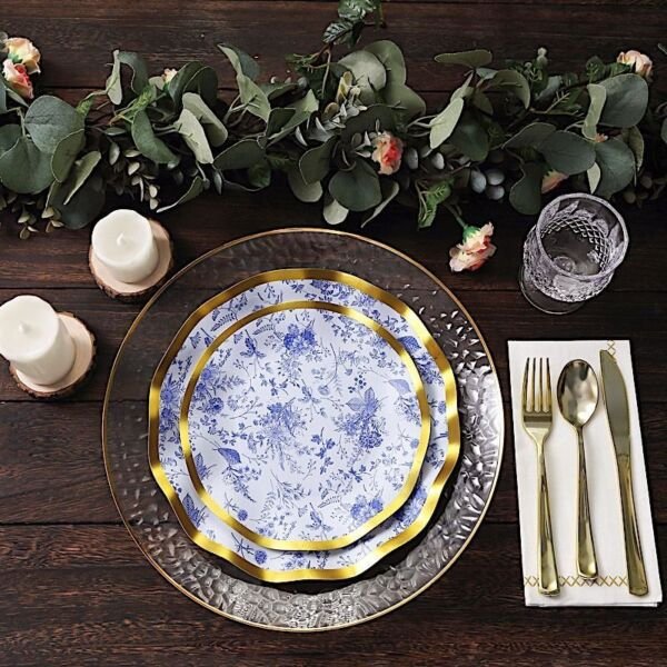 25 Round 8"" Blue Paper Salad Plates Gold Wavy Rim Party Tableware ...