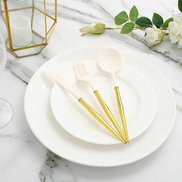 24 Ivory Gold Plastic Cutlery Disposable Spoon Fork Knife Set Party ...