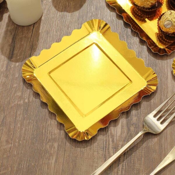 50 Square 5"" Gold Paper Dessert Plates Scalloped Rim Party Events ...
